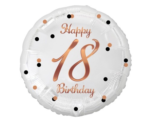 BALON 18" BIAŁY HAPPY BIRTHDAY LICZBA 18 NADRUK RÓZOWO ZŁOTY ...